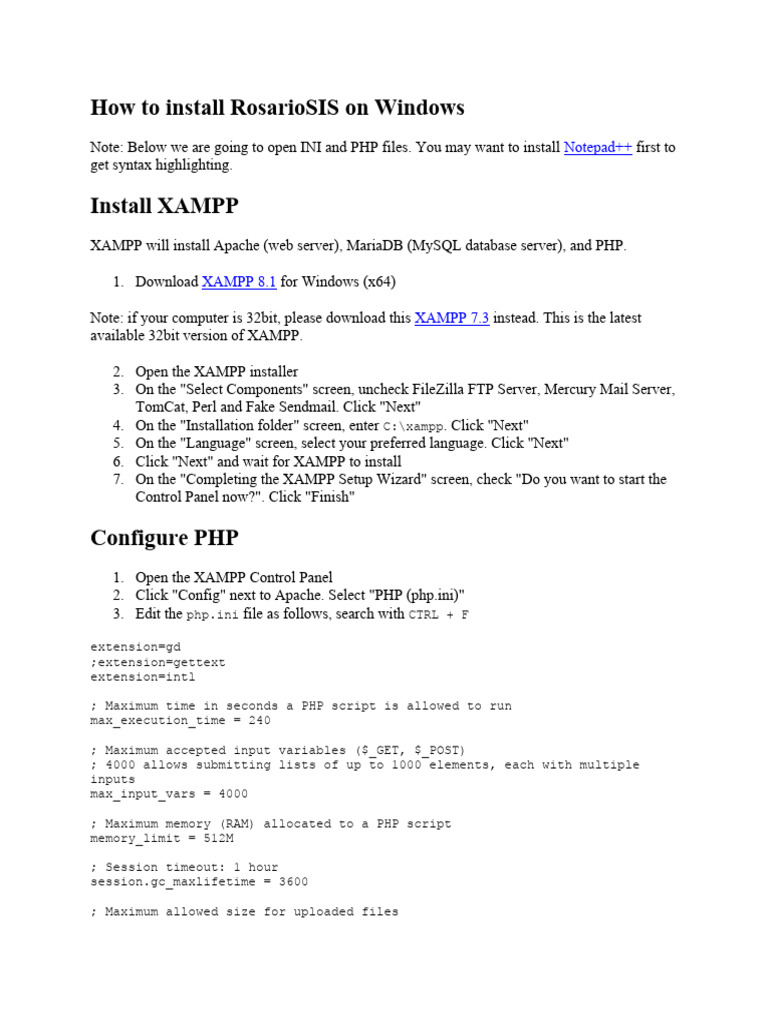 How To Install RosarioSIS On Windows | PDF | Php | System Software