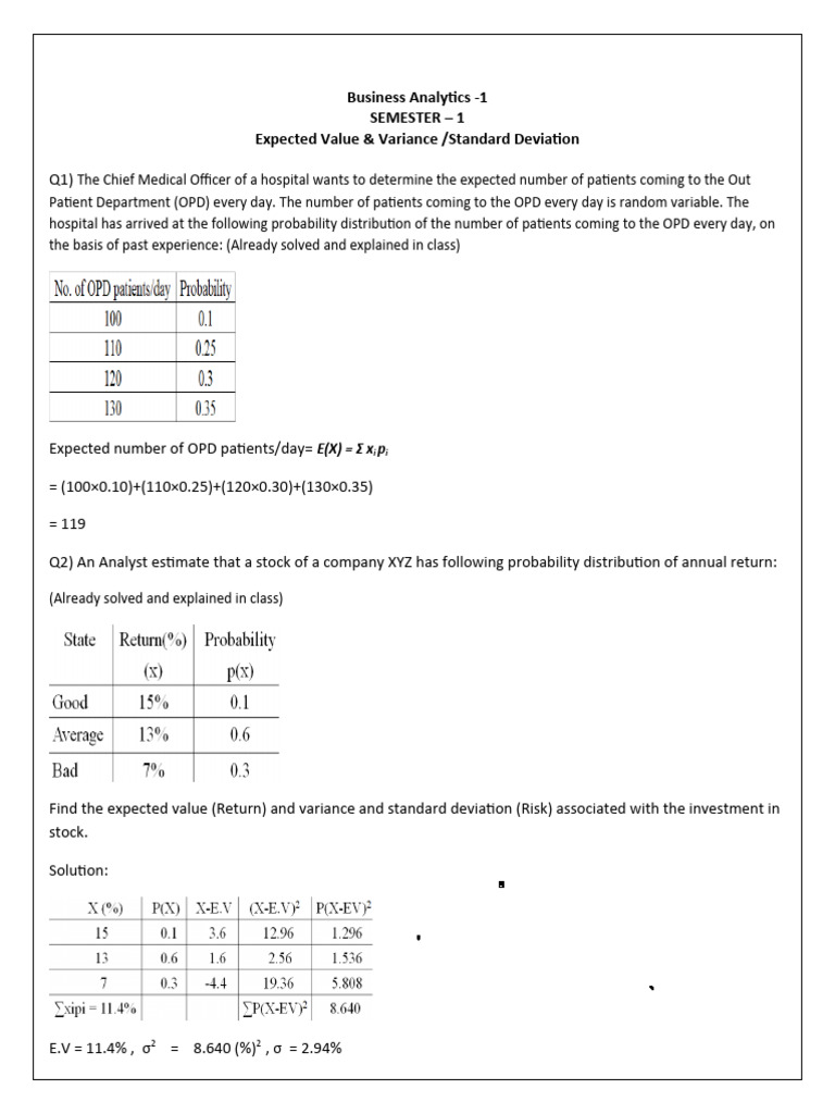 Class Room Discussions - Expected Value - Variance - Standard Deviation | PDF | Standard ...