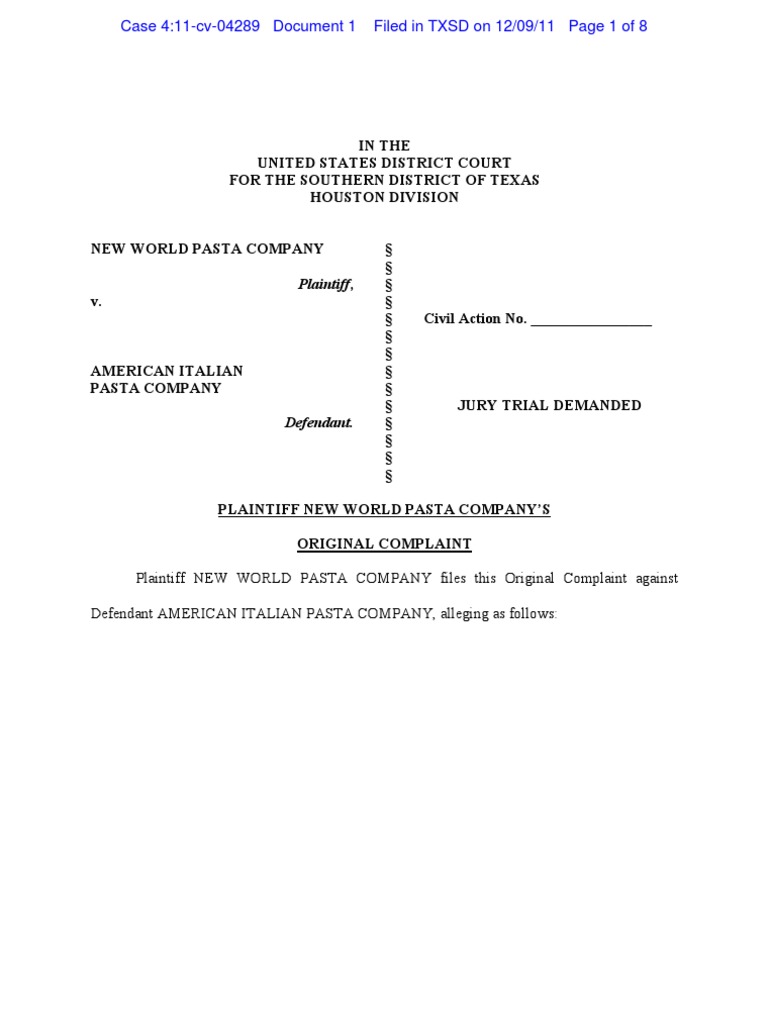 New World Pasta Company v. American Italian Pasta Company | Download ...