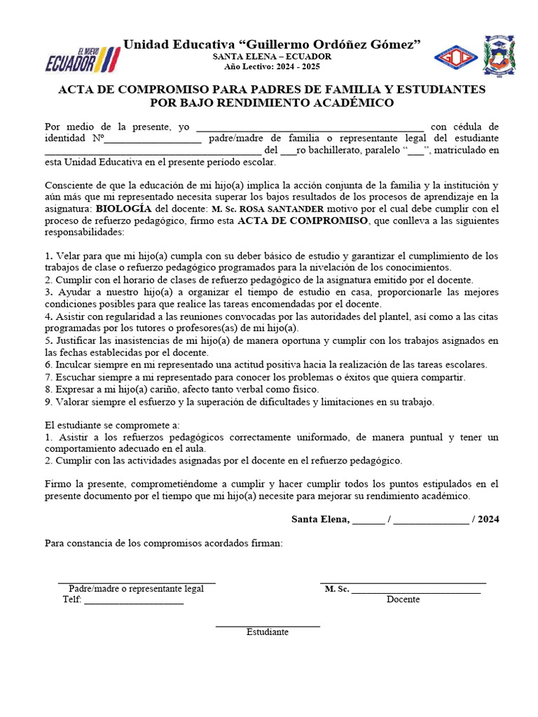 2024 Acta de Compromiso Bajo Rendimiento | PDF | Maestros | Enseñando