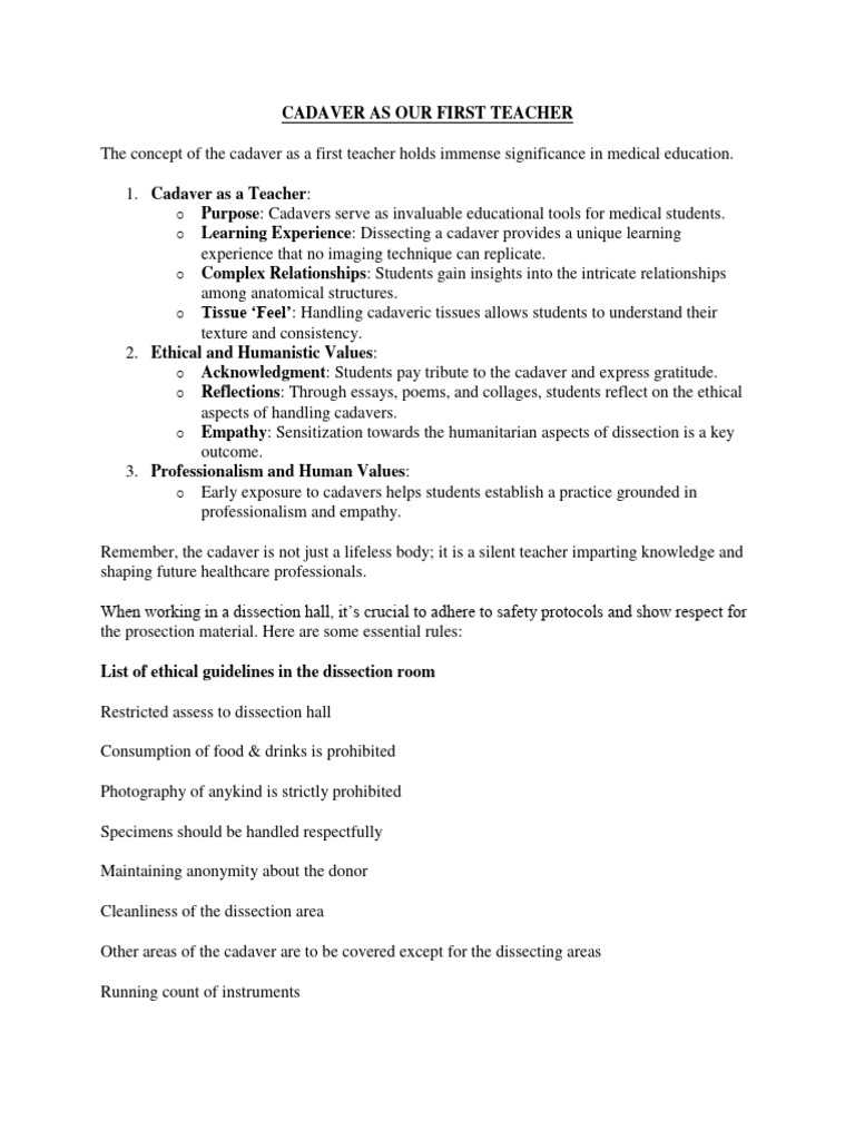 Cadaver As Our First Teacher | PDF | Cadaver | Medicine