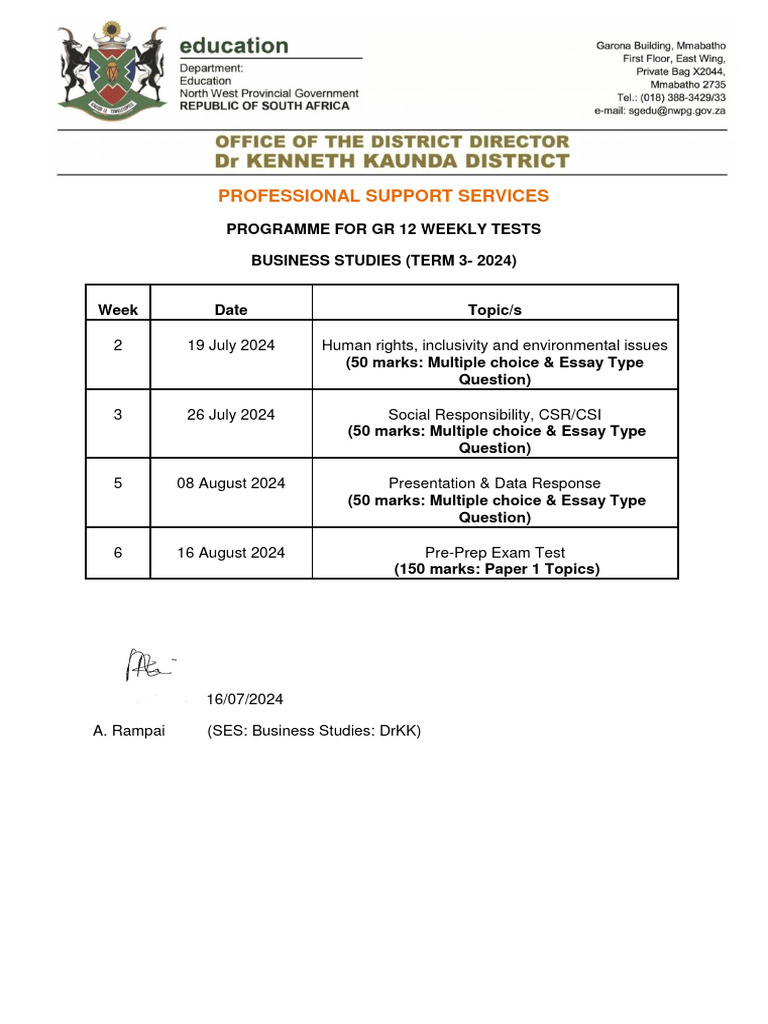 Programme of Gr12 Weekly Tests Term 3 - 2024 | PDF | Career & Growth