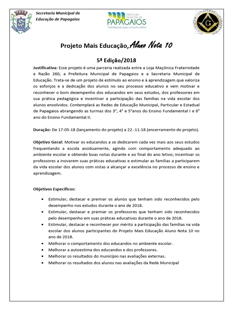 Projeto Aluno Nota 10 em Papagaios | PDF | Pedagogia | Aprendizado