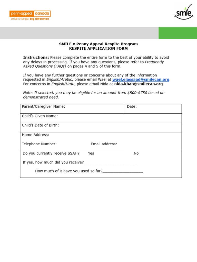 Respite Program Application Form Pdf