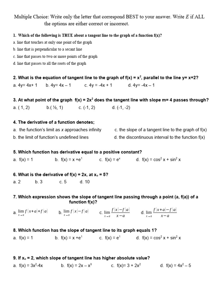 Basic Calculus Q4 Assessment | PDF | Tangent | Derivative