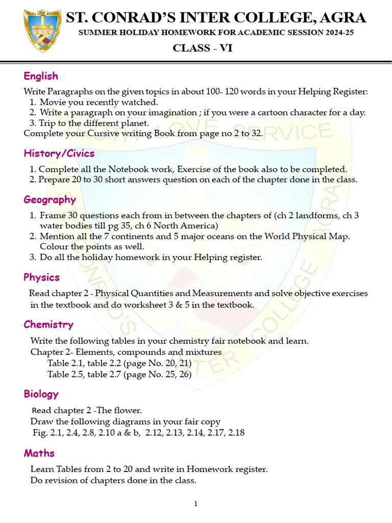 Class VI - Summer Holiday Homework (202437 | PDF