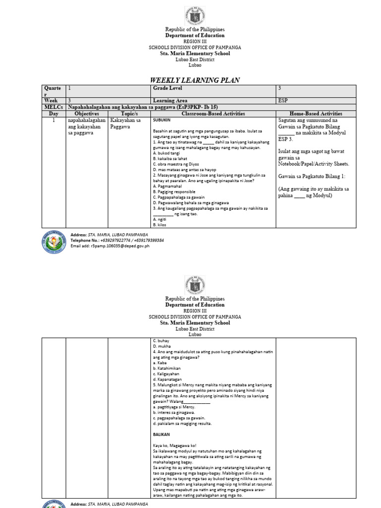 Weekly Learning Plan: Department of Education | PDF