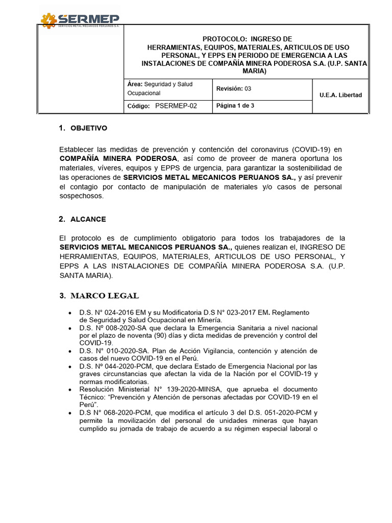 Protocolo de Ingreso de Materiales - Equipos Sermep 03 Agosto 22 | PDF ...