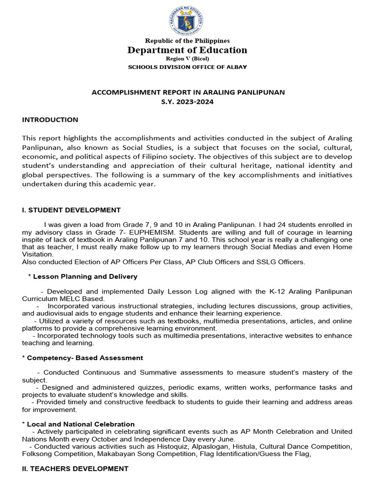 Ap Accomplishment Report 2023-2024 | PDF | Teachers | Human Communication