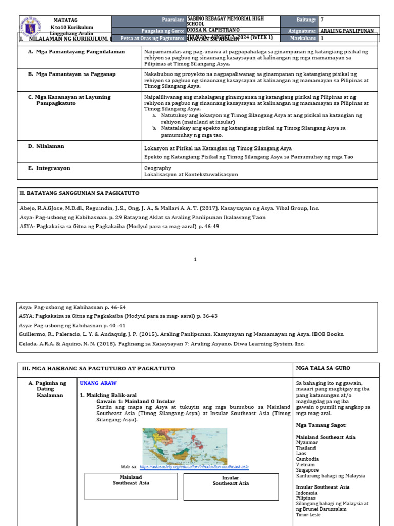 Curriculum Guide Matatag Araling Panlipunan 7 Exemplar Ncert