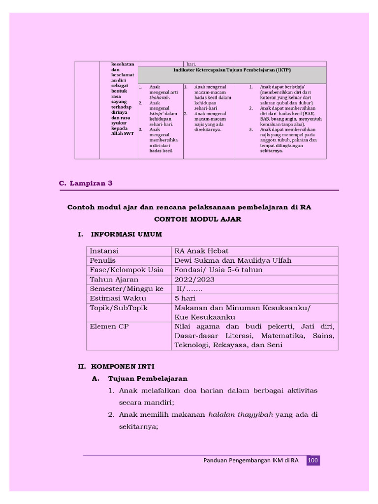 Contoh Modul Panduan Pengembangan IKM Di RA, Kemenag RI-109-122-1 | PDF