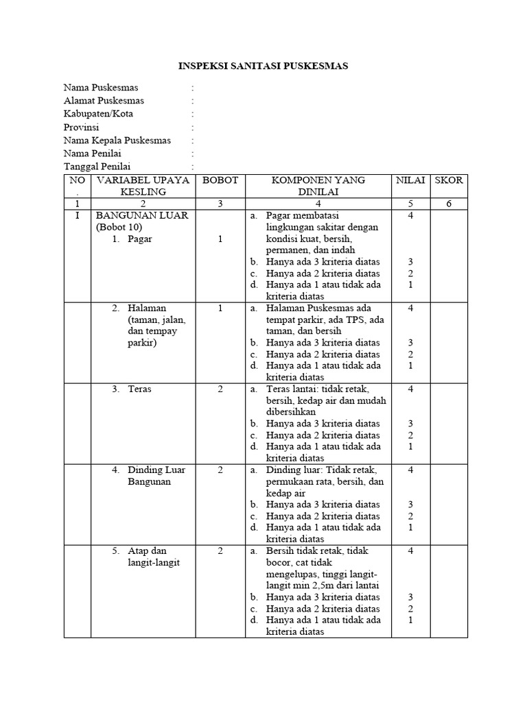 Lembar Inspeksi Sanitasi Puskesmas Gambesi | PDF