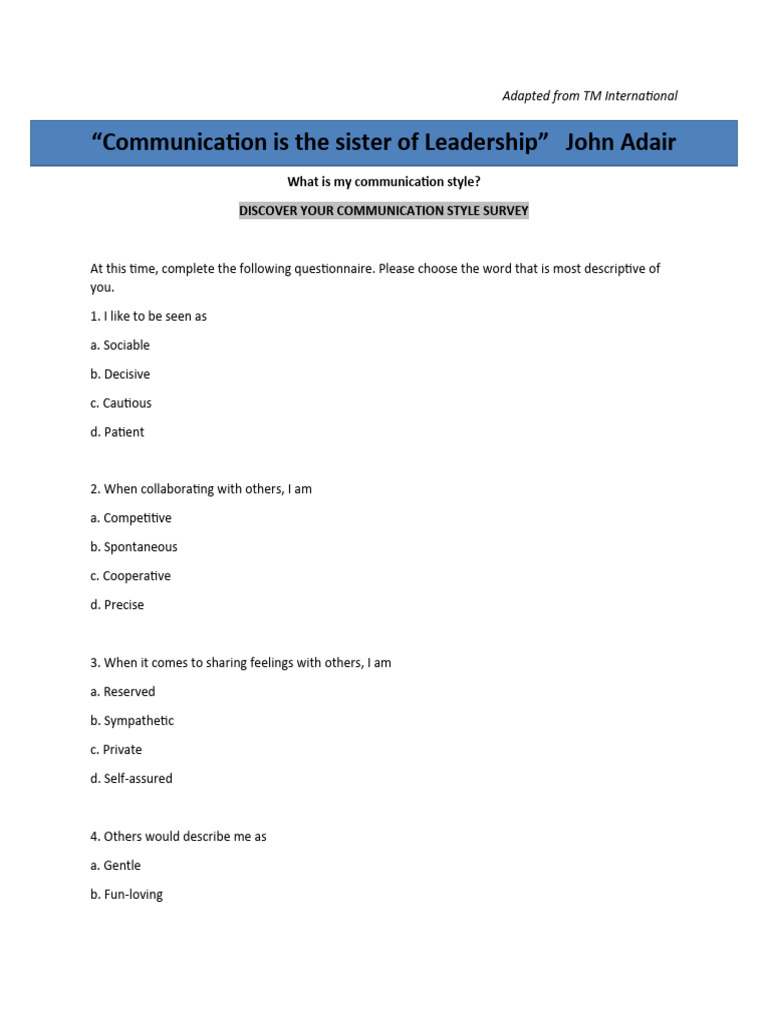 Communication Style Quiz 2021 | Download Free PDF | Psychology | Social ...
