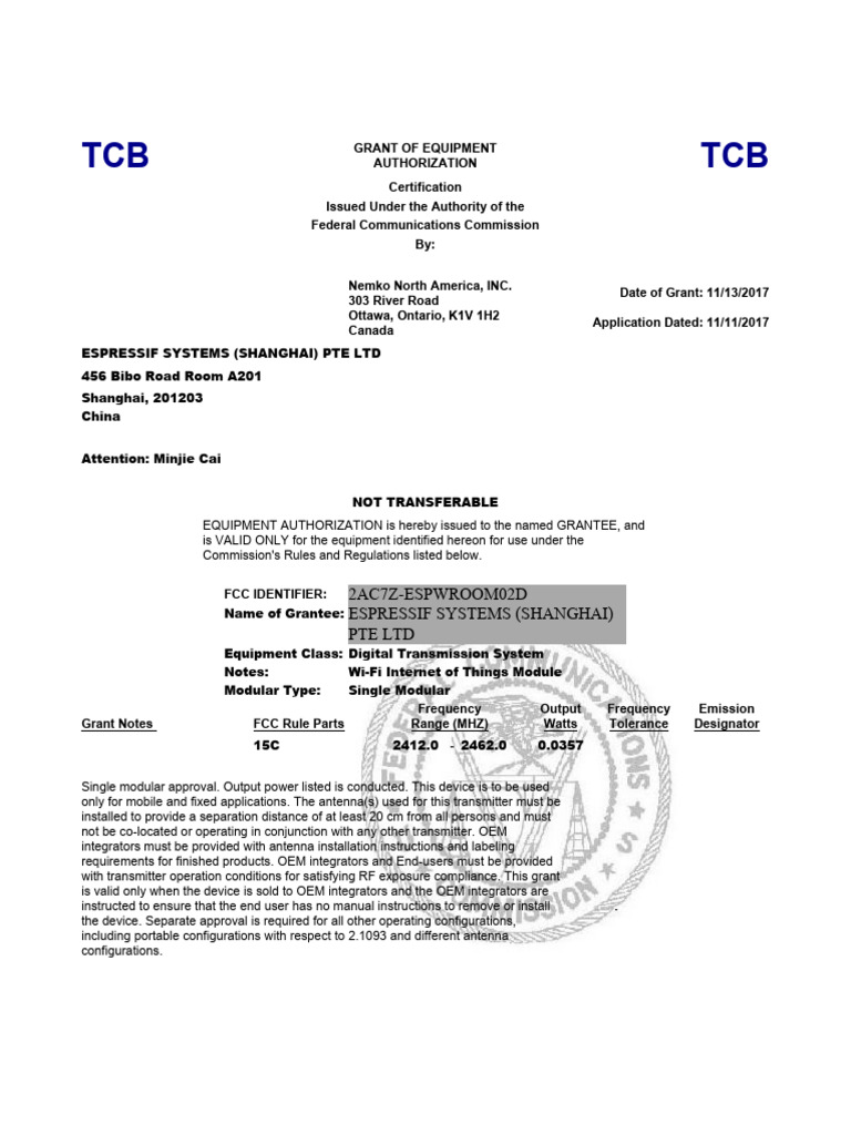 Esp Wroom 02d FCC Certificate | PDF | Transmitter | Federal ...