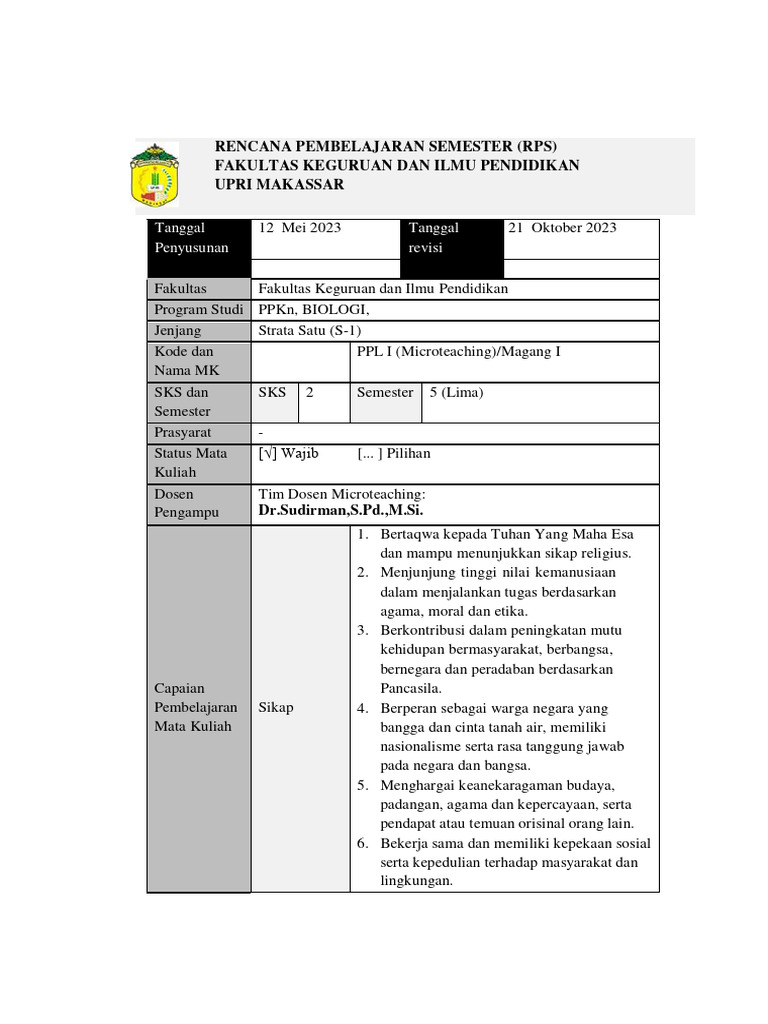 RPS MK. PPL 1 (MICROTEACHING) - Pendidikan Sejarah-1 | PDF | Karier & Perkembangan