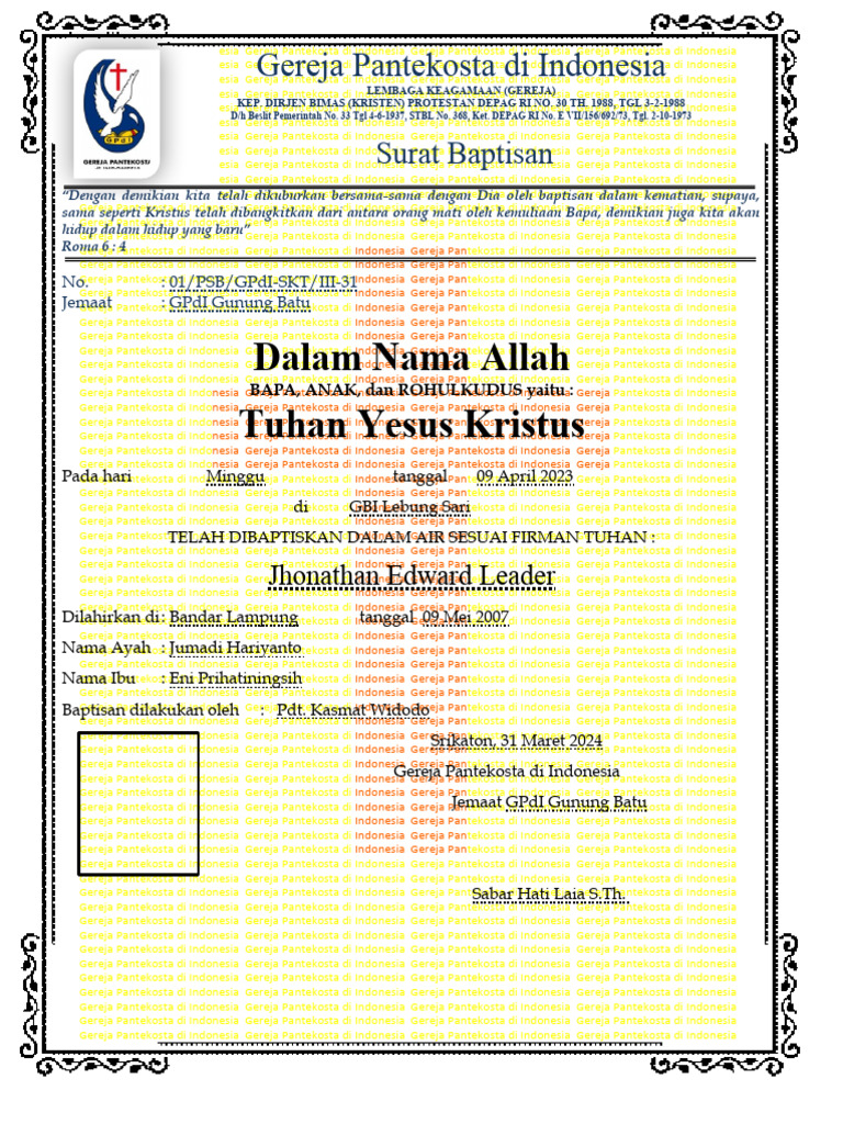 Surat Baptis Nathan | PDF