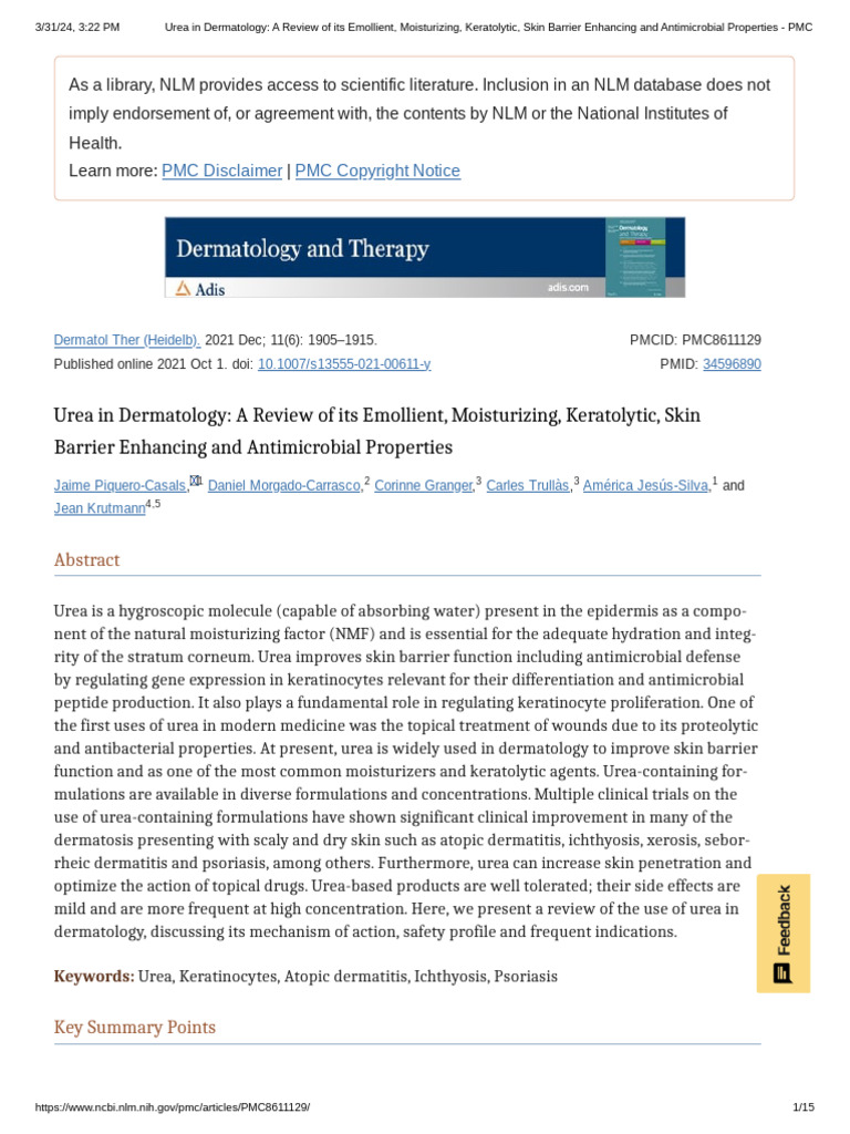 Urea in Dermatology - A Review of Its Emollient, Moisturizing, Keratolytic, Skin Barrier ...