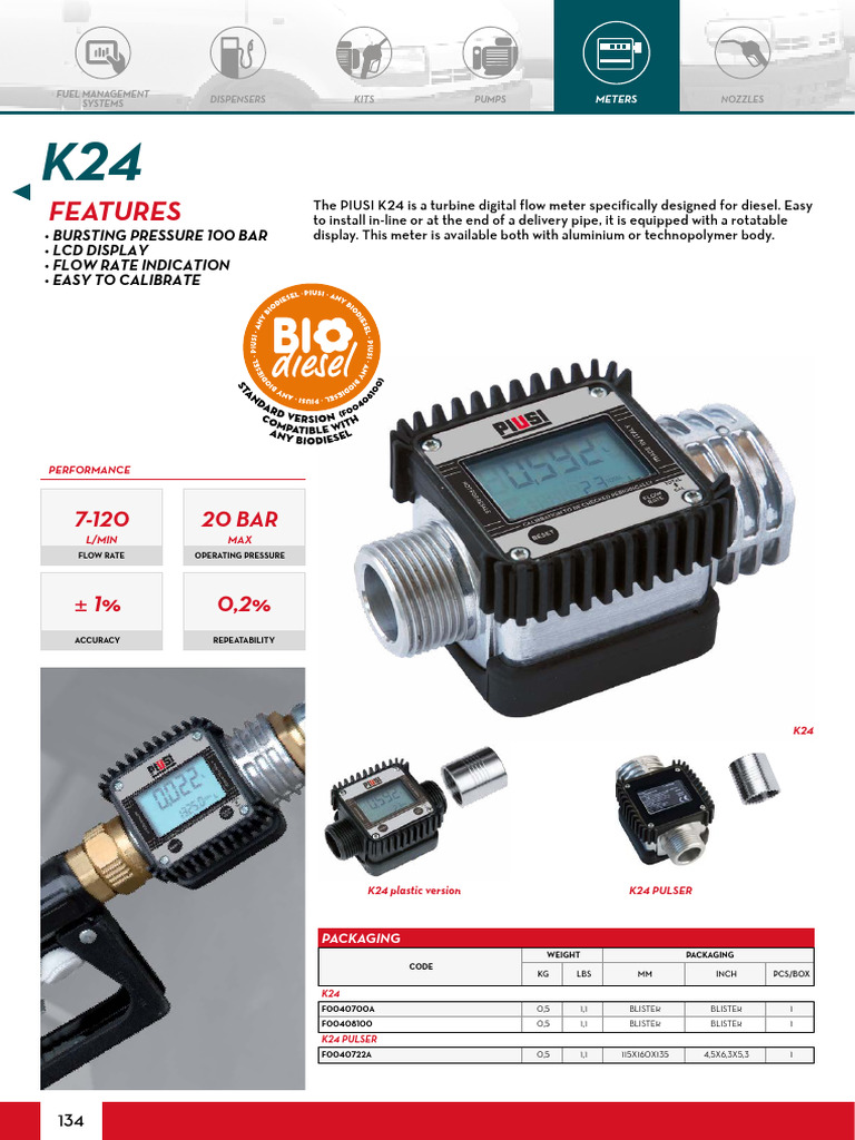 k24 Piusi Datasheet Fuel 07.23 en | PDF | Flow Measurement | Diesel Fuel
