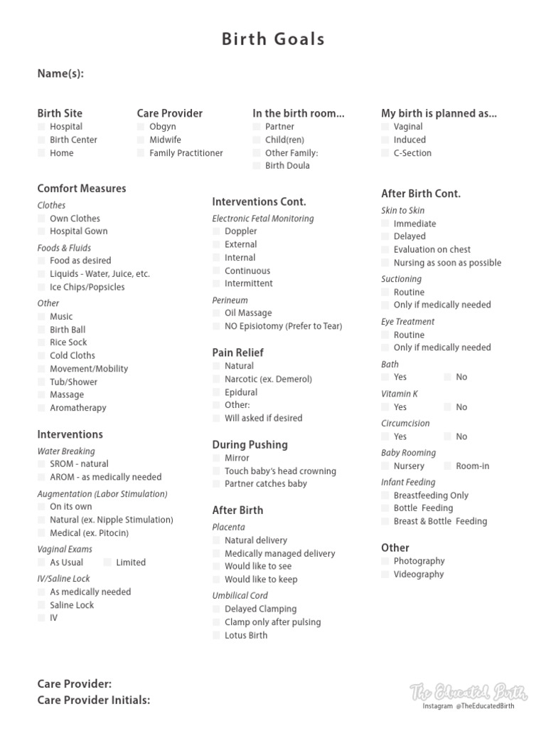 Birth Goals Sheet | PDF | Childbirth | Breastfeeding