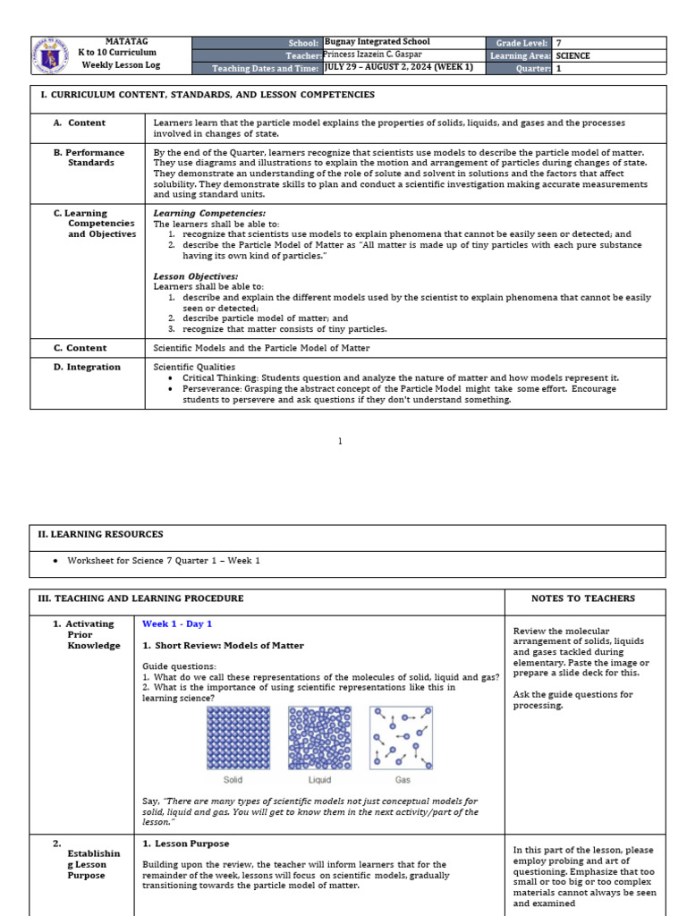 DLL Matatag - Science 7 Q1 W1 | PDF | Conceptual Model | Atoms