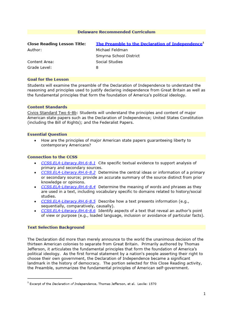 Declaration of Independence GR 8 Close Reading | PDF | United States ...