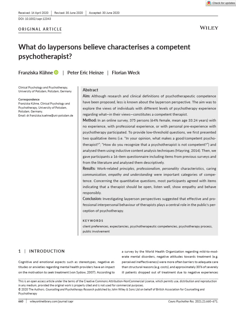 What Do Laypersons Believe Characterises A Competent Psychotherapist ...