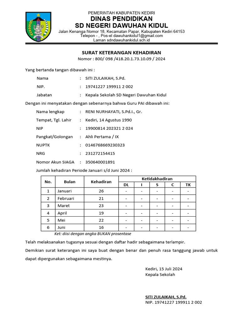 CONTOH FORMAT SRT KET KEHADIRAN_GPAI_JAN SD JUNI 2024 | PDF