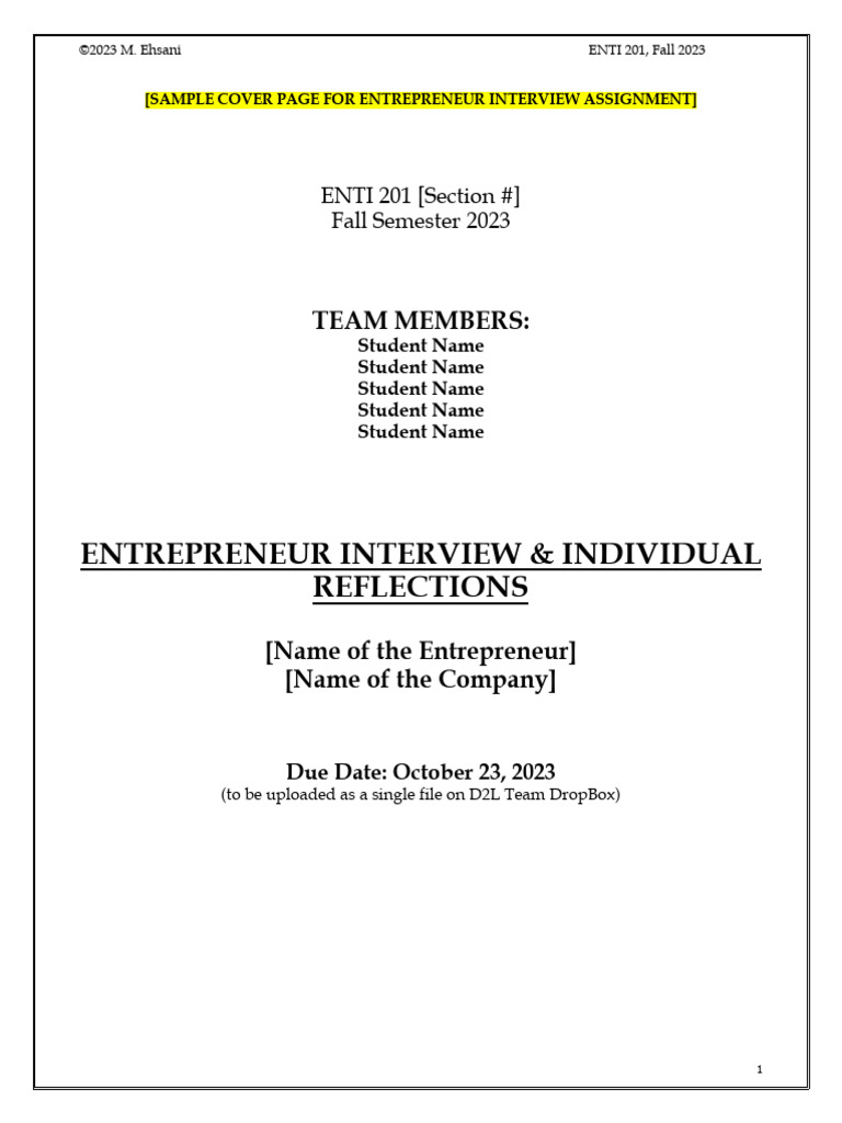 ENTI 201 - Entrepreneur Interview and Reflection Guidlines - F23 | PDF | Entrepreneurship ...