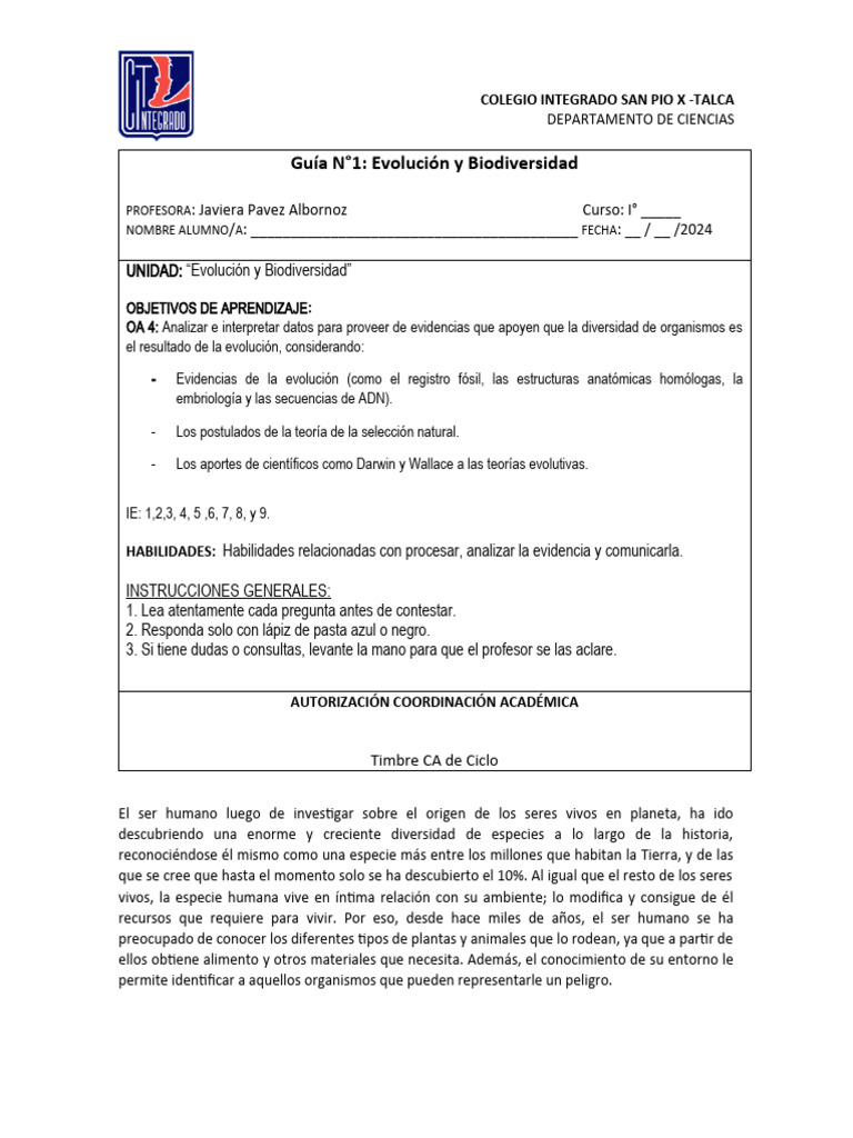 Guía Unidad 1 Biología I° Medio | PDF | Evolución | Seleccion natural