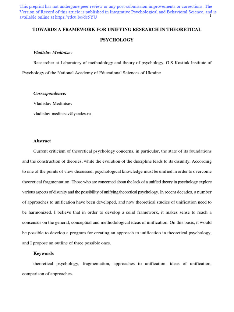 Towards A Framework For Unifying Research in Theoretical Psychology | PDF | Theory | Methodology