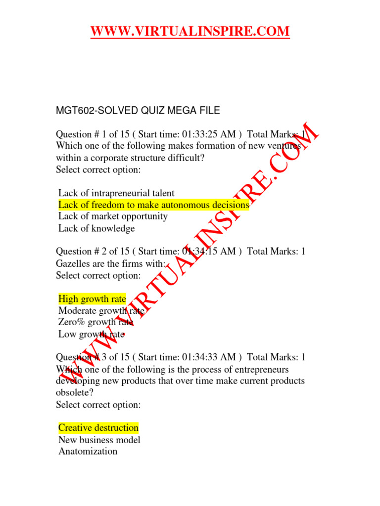 Mgt602-Solved Quiz Mega File 150 Pages | PDF | Entrepreneurship | Mergers And Acquisitions