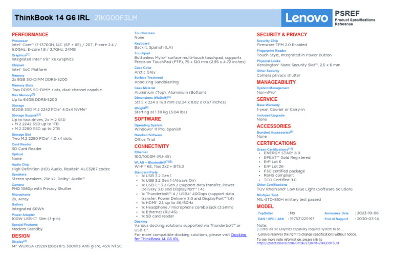 ThinkBook 14 G6 IRL-21KG00F3LM | PDF | Computer Engineering | Computing