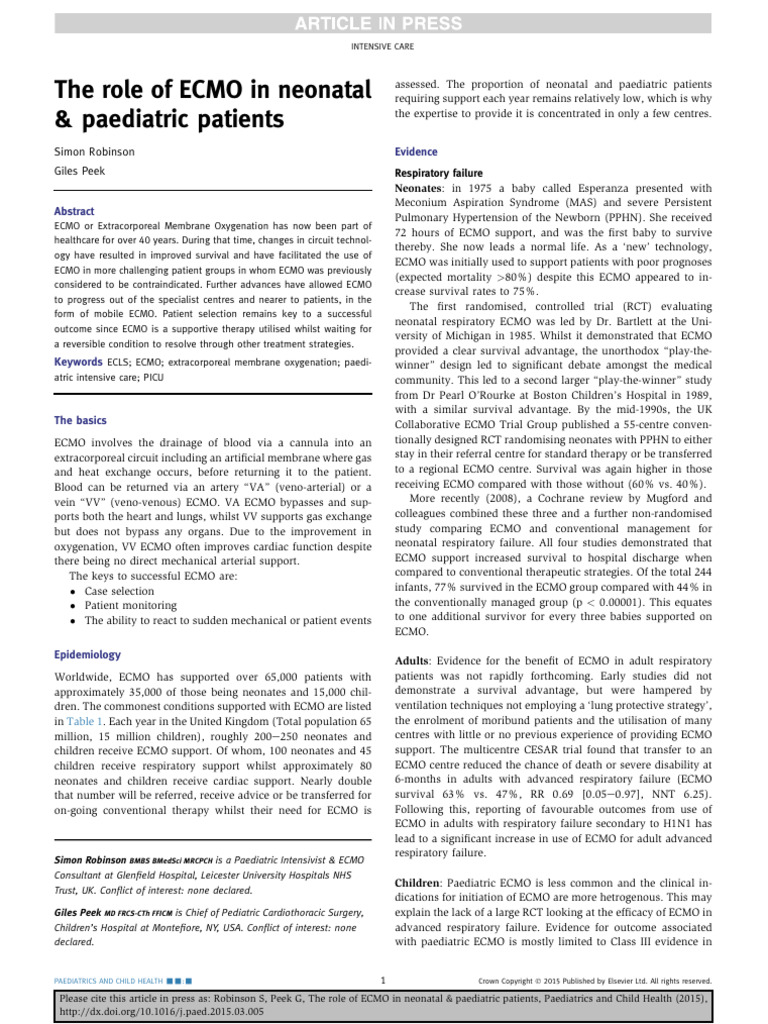 Article - The Role of ECMO in Neonatal & Paediatric Patients | PDF ...