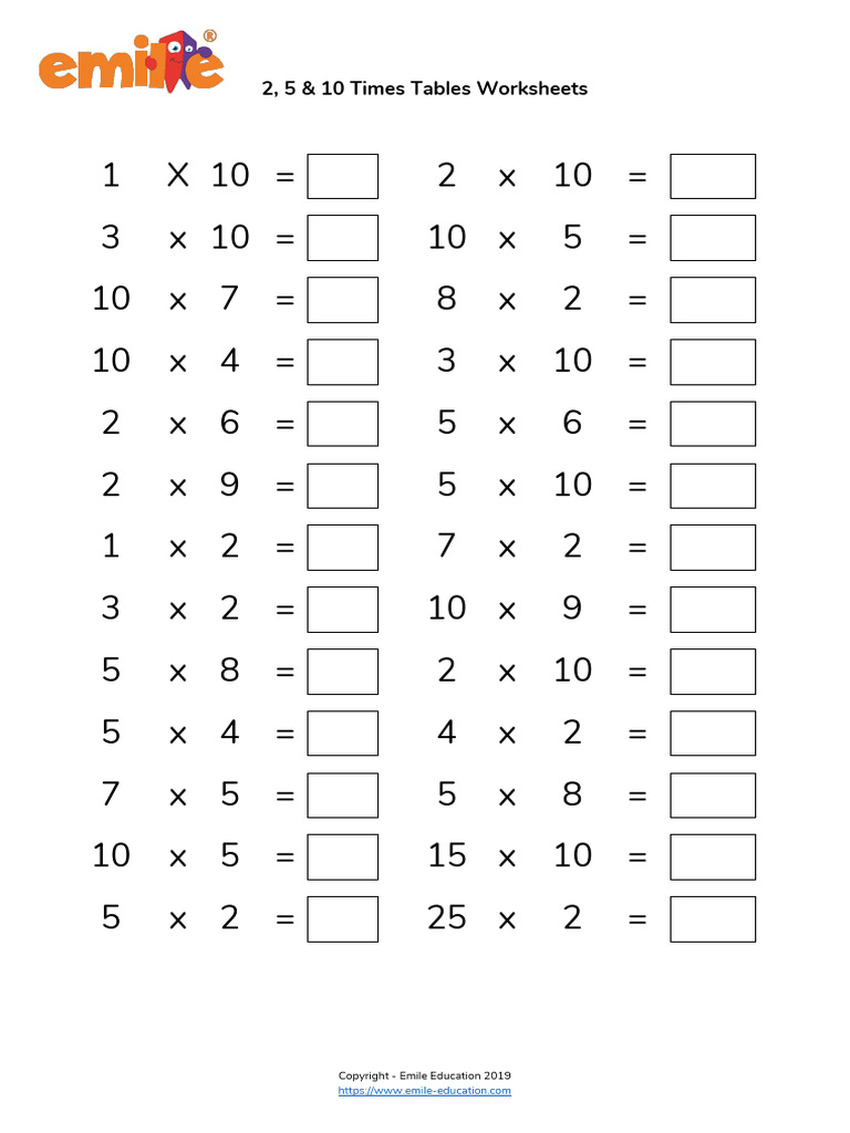 2 5 10 Times Tables Worksheet | PDF