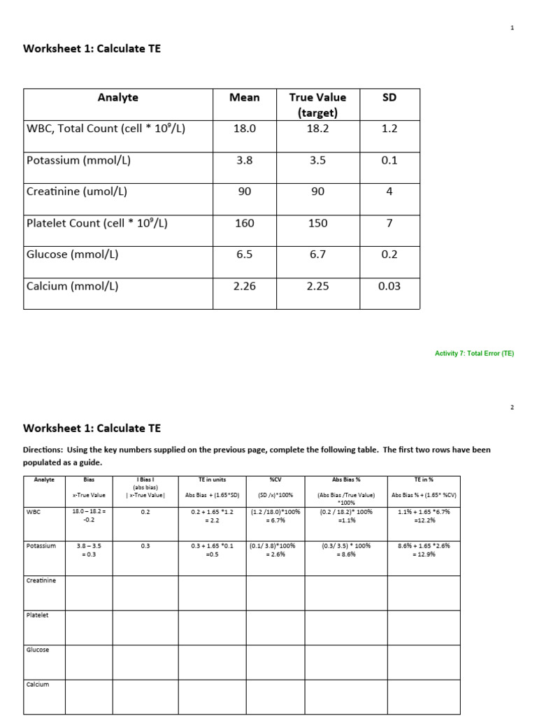 Total Error Calculation Worksheet | PDF