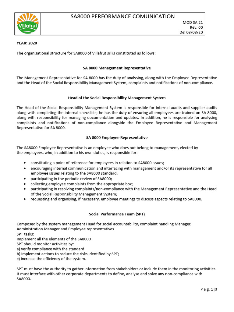 Villafrut SA800 Ge | PDF | Regulatory Compliance | Employment