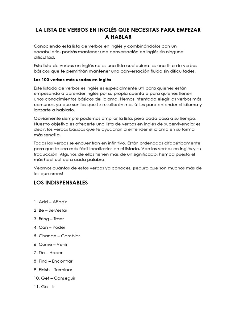 LA LISTA DE VERBOS EN INGLES QUE NECESITAS PARA EMPEZAR A HABLAR Ingles ...