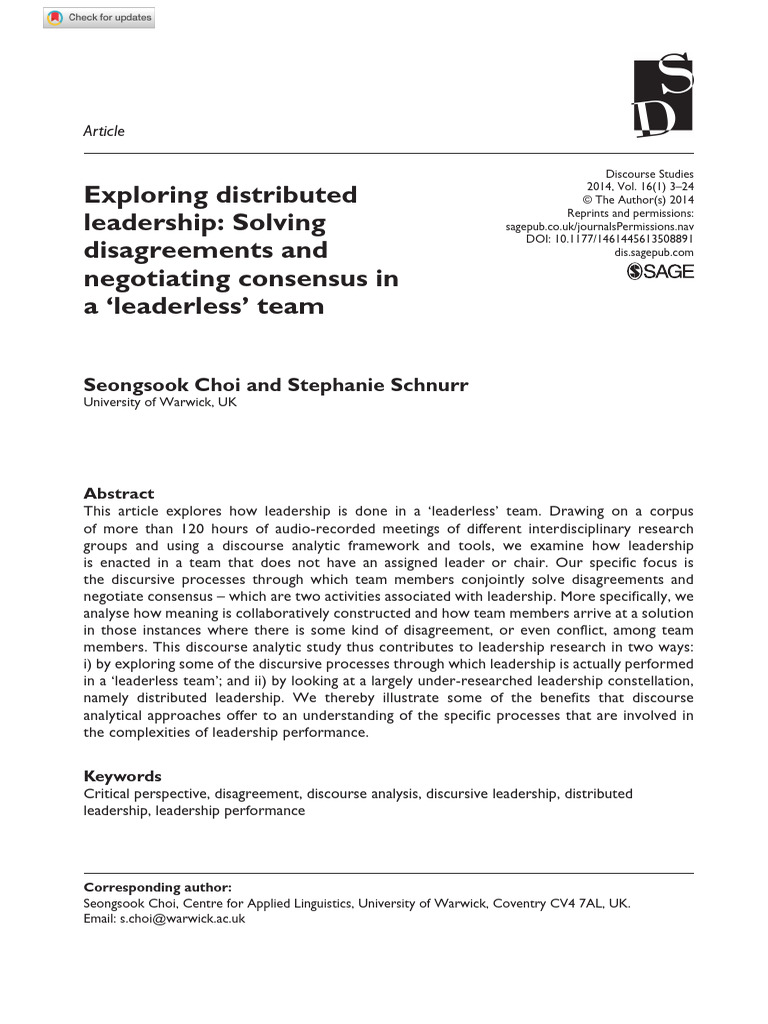 Choi Schnurr 2013 Exploring Distributed Leadership Solving ...