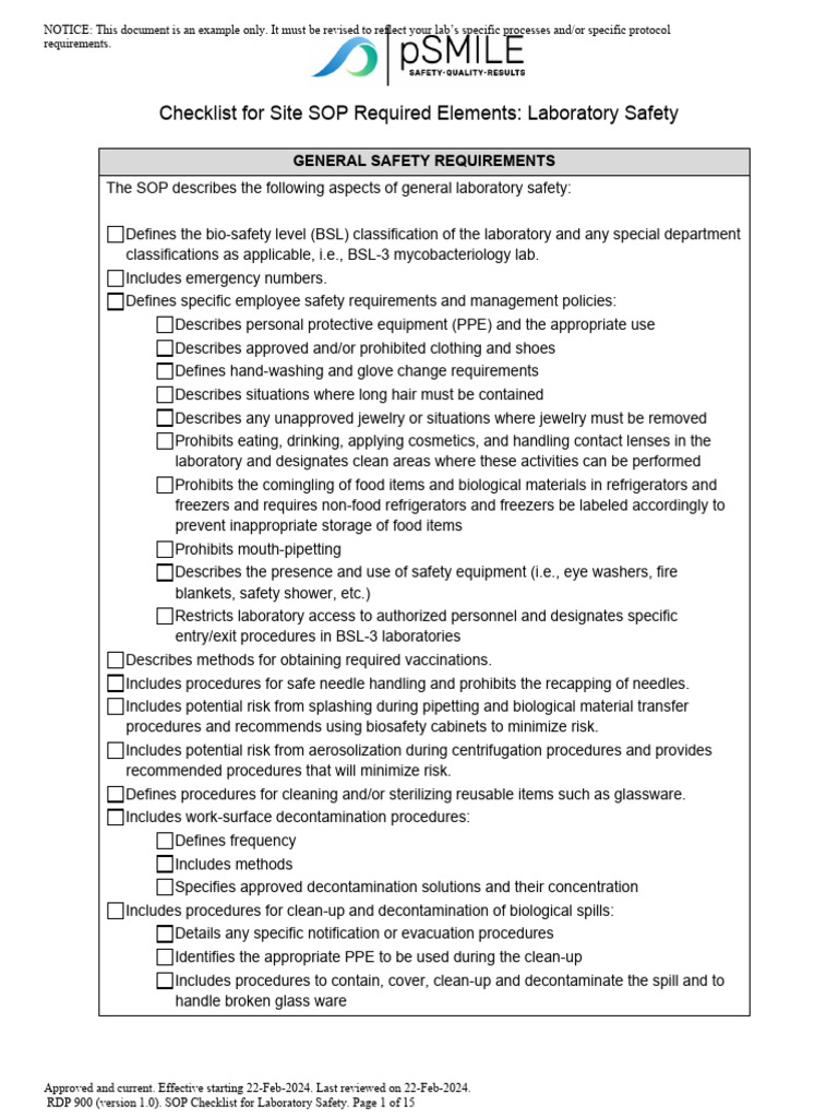 RDP 900 SOP Checklist For Laboratory Safety | PDF | Laboratories ...