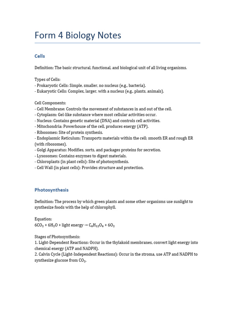 Form 4 Biology Notes | PDF | Cell (Biology) | Kidney
