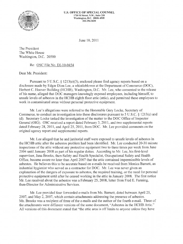 C4C Member Posting: OSC Letter To President Obama Re: Asbestos at U. S ...