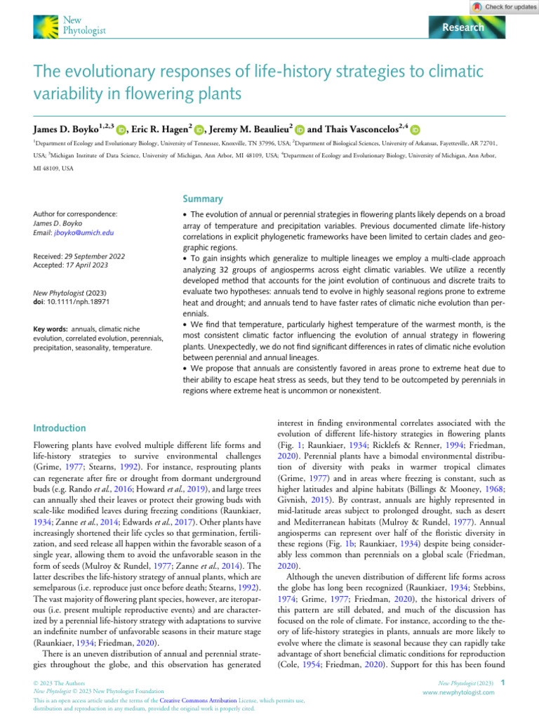 The Evolutionary Responses of Life History Strategies To Climatic Variability in Flowering | PDF ...