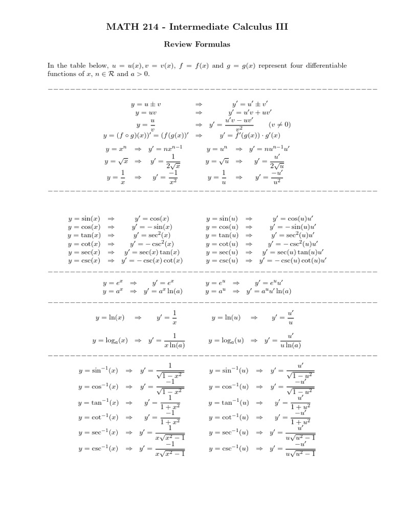 Intermediate Calculus III Formulas Guide | PDF | Elementary Mathematics ...