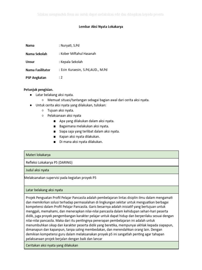Lembar Aksi Nyata Lokakarya - P5 - Nuryati, S.PD | PDF
