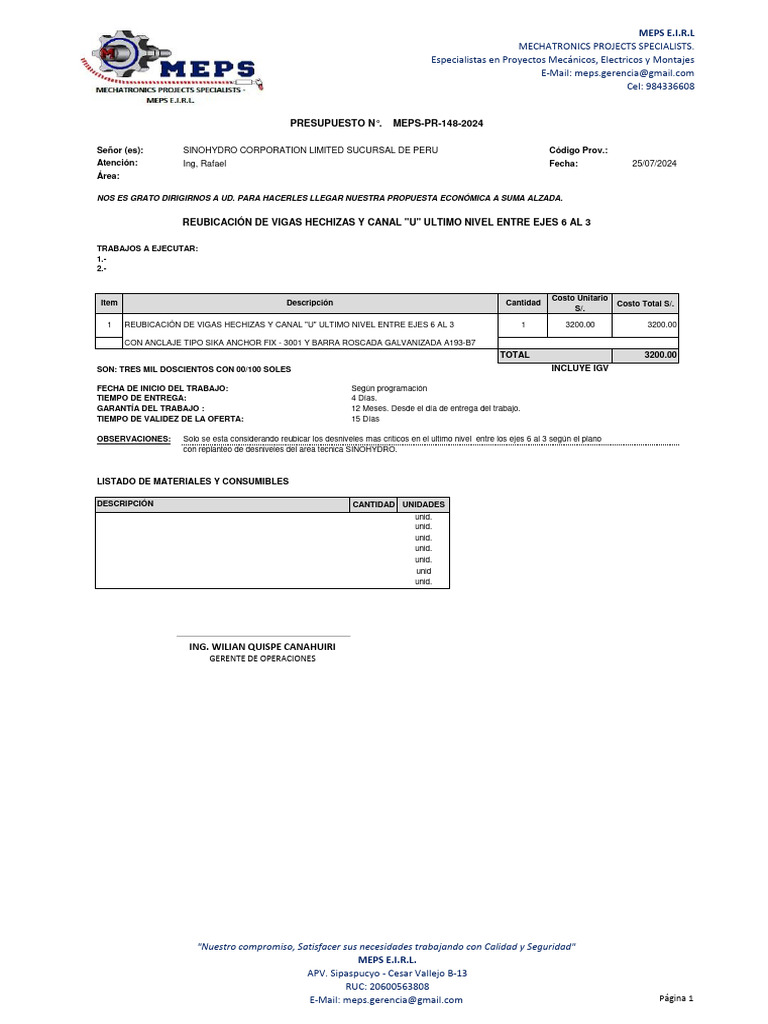 Reubicación de Vigas Hechizas y Canal U Ultimo Nivel Entre Ejes 6 Al 3 ...