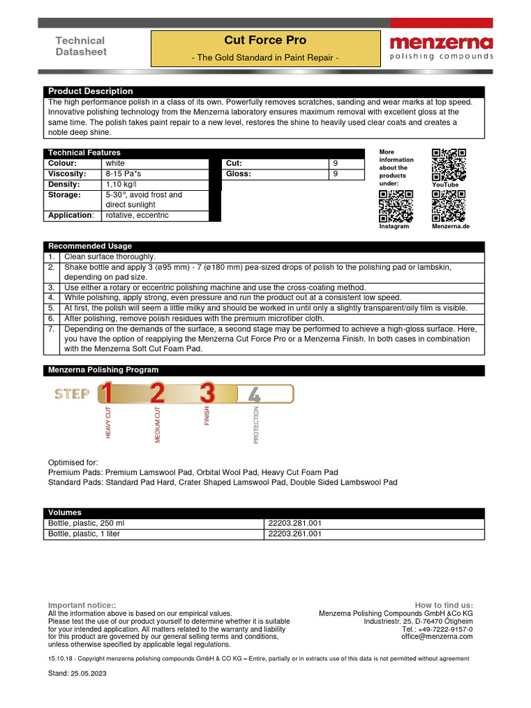 Menzerna Cut Force Pro Technical Datasheet | PDF