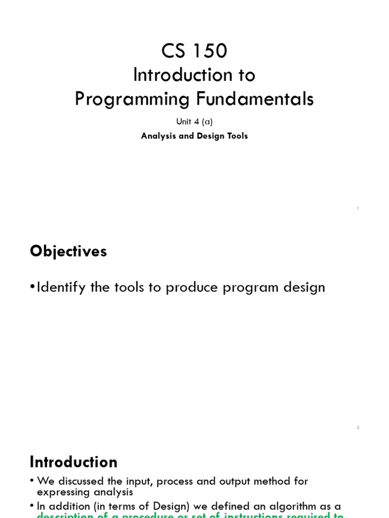 CS150 - Unit 4a - Analysis and Design Tools | PDF | Computer Program | Programming