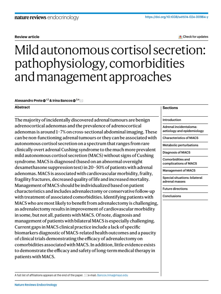 Mild Autonomous Cortisol Secretion: Pathophysiology, Comorbidities and ...