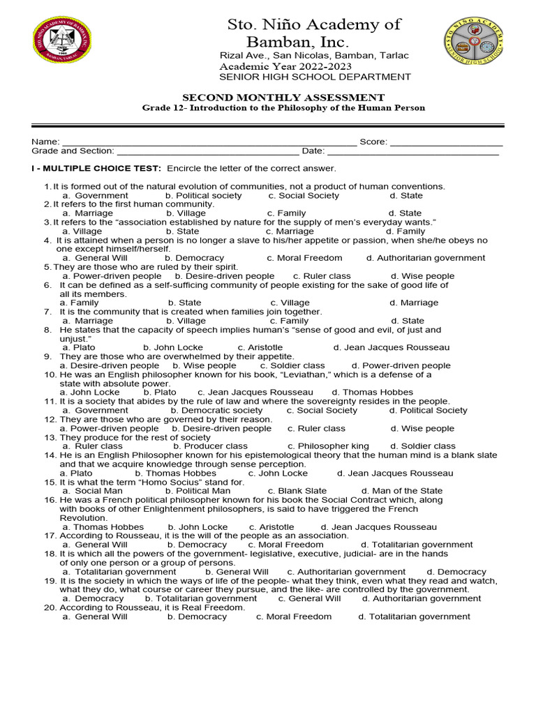 2nd Monthly Exam Grade 12 - Philosophy of The Human Person | PDF ...