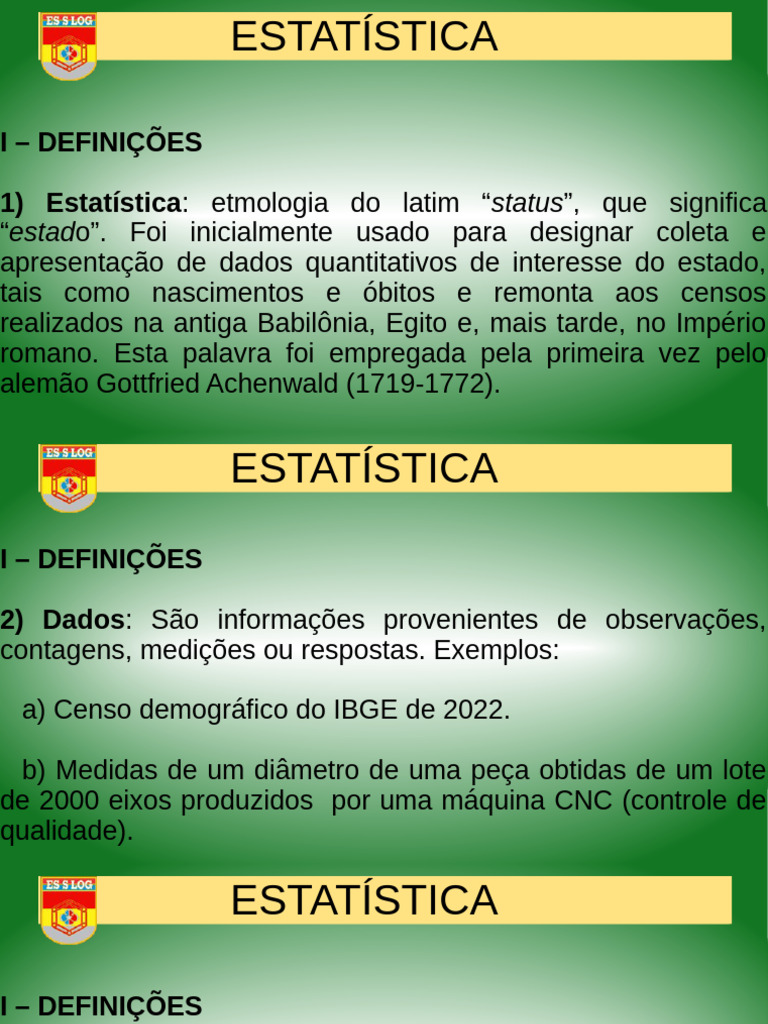 Slides Estatística | PDF | Amostragem (Estatística) | Estatísticas